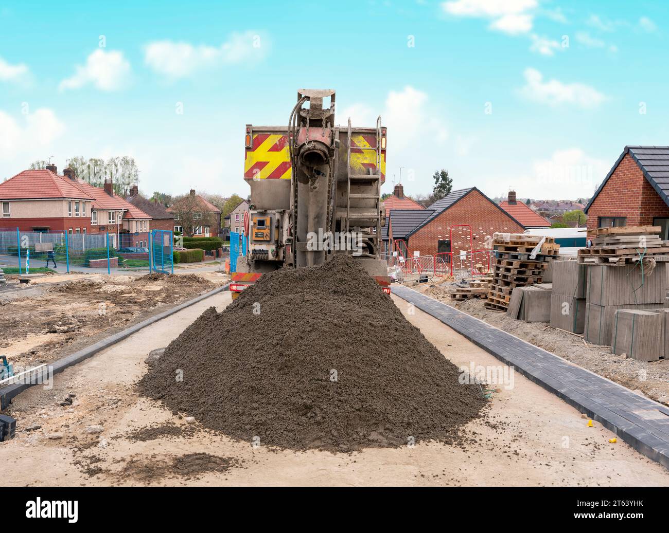 Ready-mix semi-dry concrete delivered on construction site by concrete ...