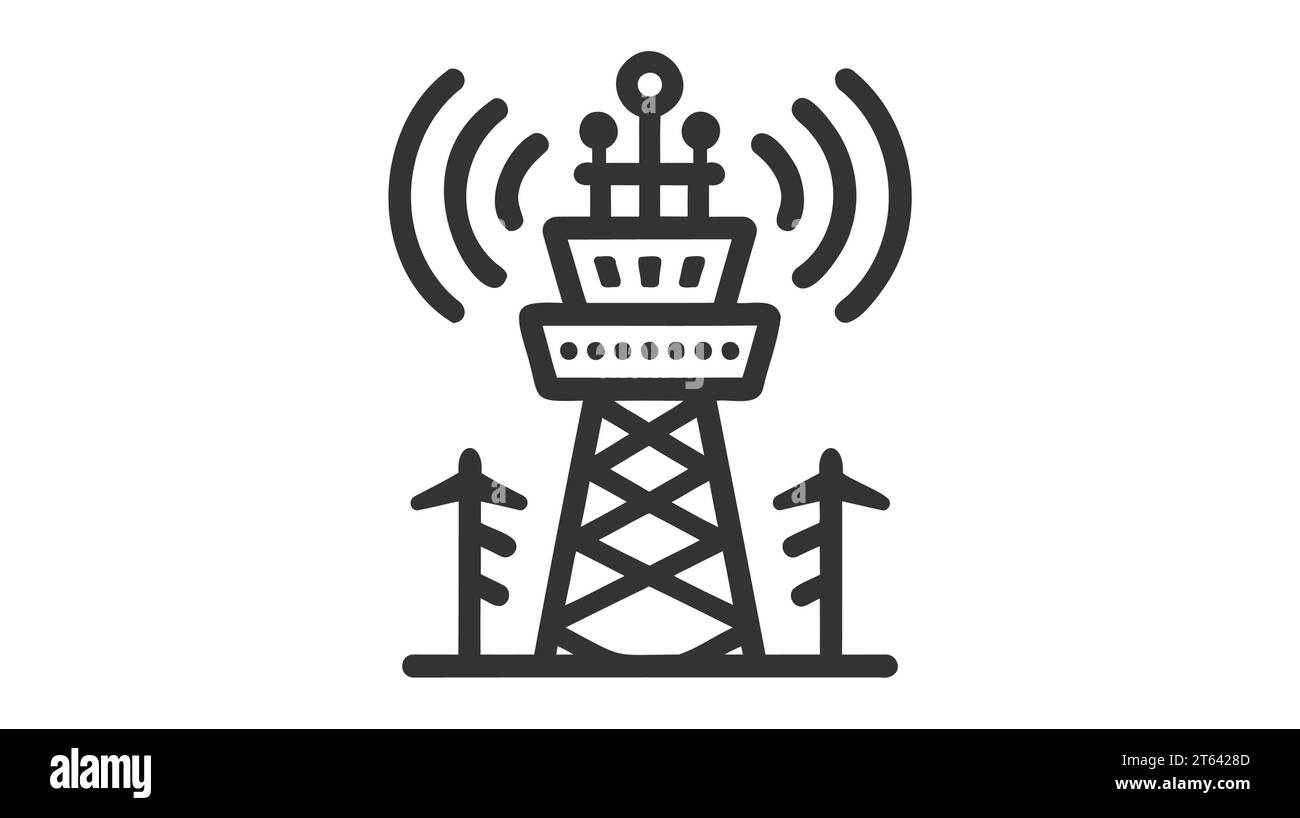 Icon of a telecommunication tower broadcasting signal waves, vector ...