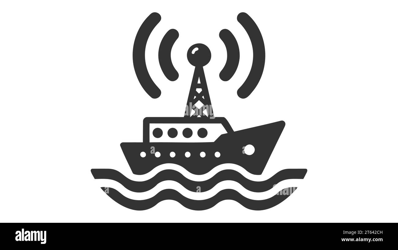 Icon of a ship with an antenna emitting radio waves at sea Stock Vector ...