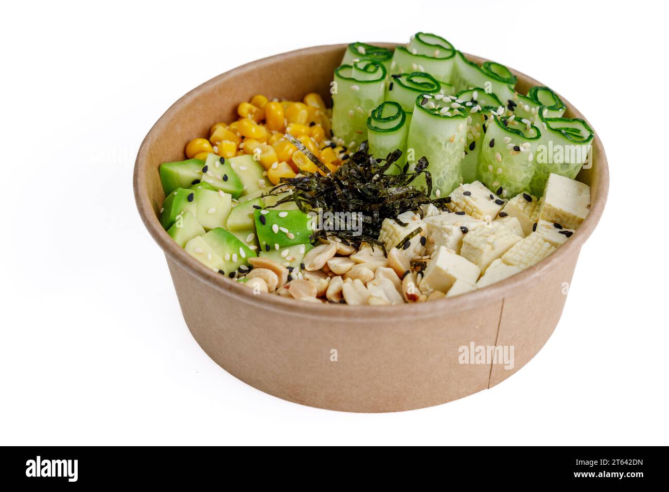 Vegan poke with tofu, avocado, corn, cucumber, peanuts, poke rice ...