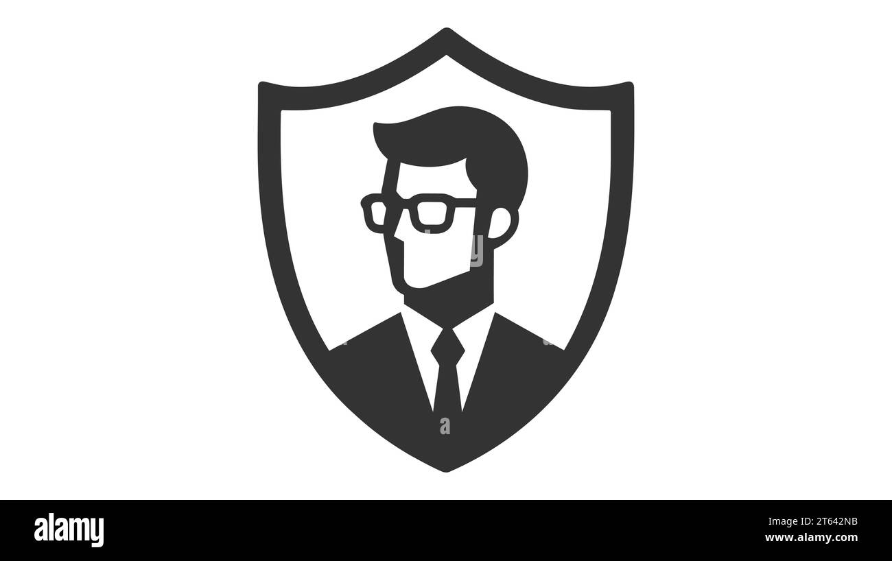 Man on shield icon, user protection pictogram isolated on white ...