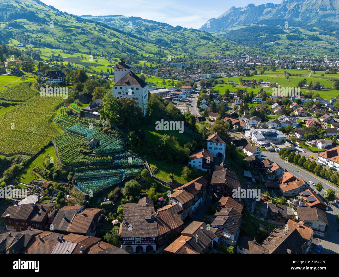 Beautiful view of top to Werdenberg castle. View from drone ...