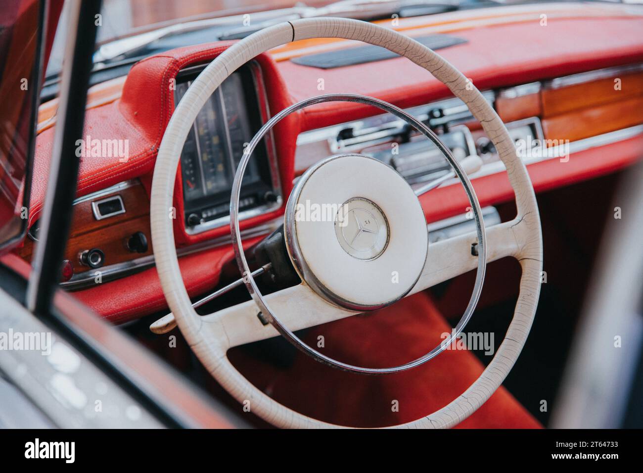 An antique car's steering wheel, displays a unique vintage look Stock ...