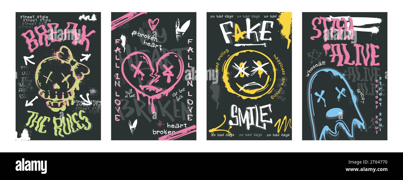 Set of graffiti poster with spray paint skull, heart sign, ghost and ...