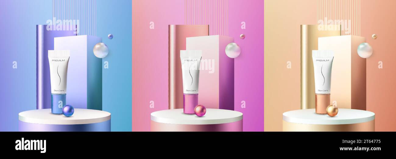 White cosmetic tubes on round podium. Mockup of plastic package with ...