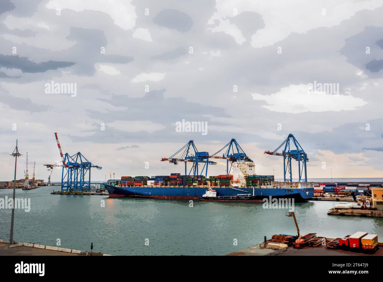 Harbour of Genoa- in cloudy weather and some cargo (conteiner)ship and ...