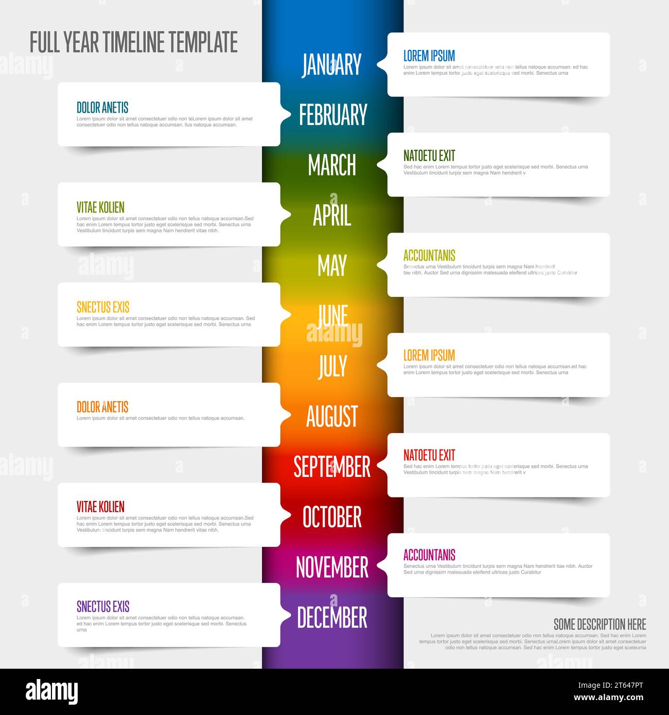 Full year rainbow vertical timeline template with months texts in white ...