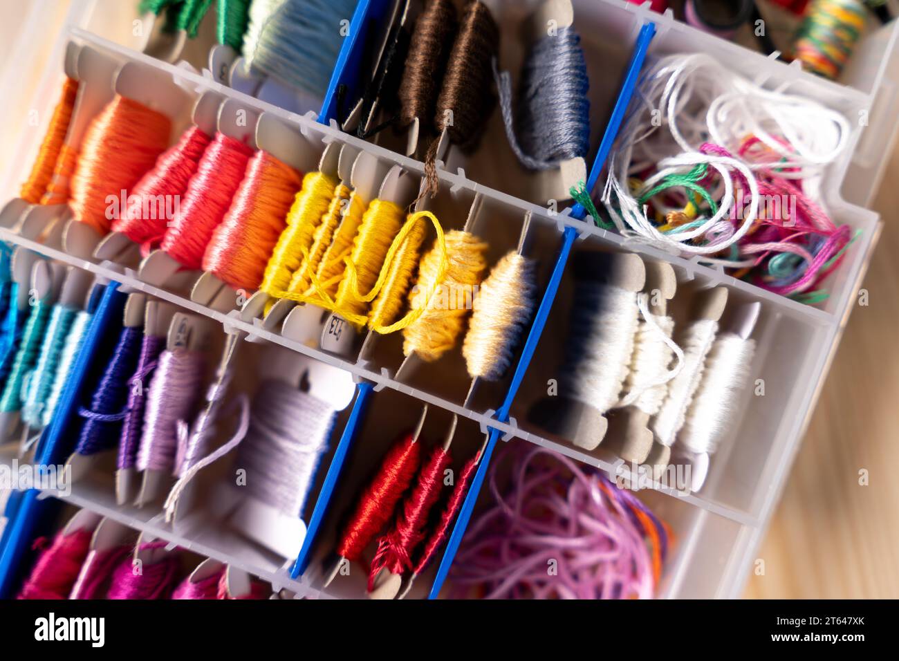 Overhead view of several vibrant colorful thread bundles wound tightly on cardboard slats in a ...