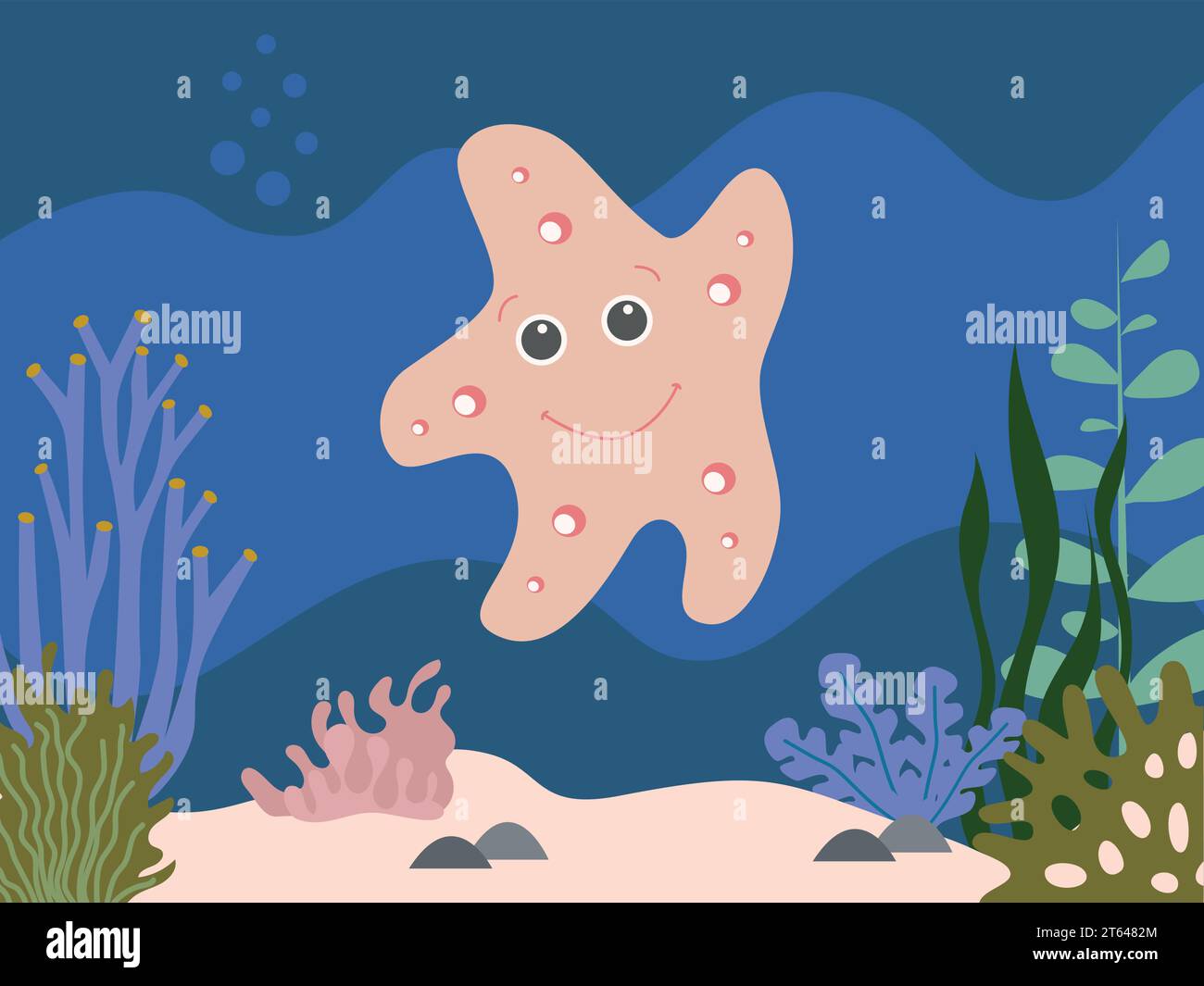 Colorful underwater world with sea star, starfish amongst the seaweed ...