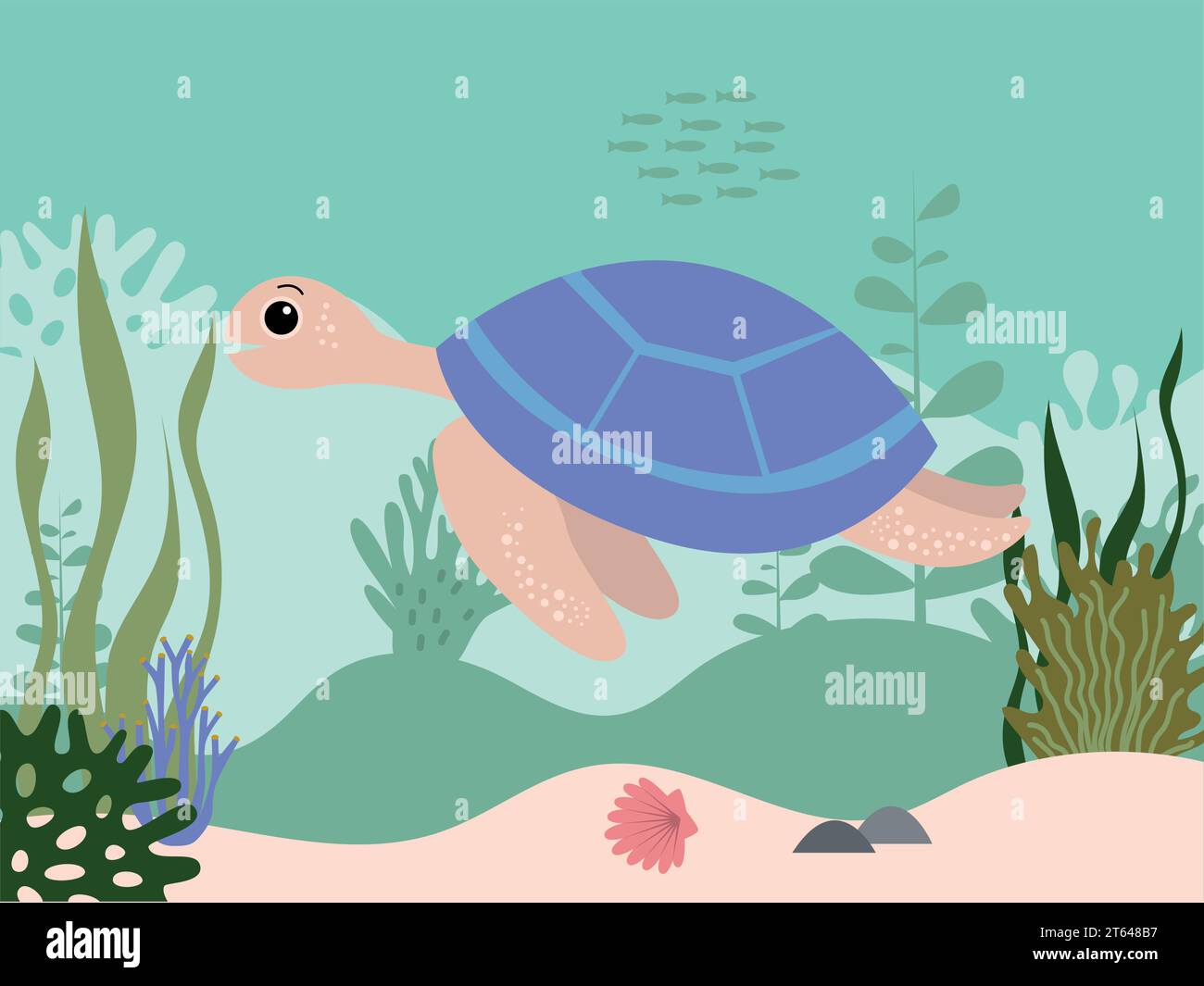 Colorful underwater world with turtoise amongst the seaweed and rocks ...