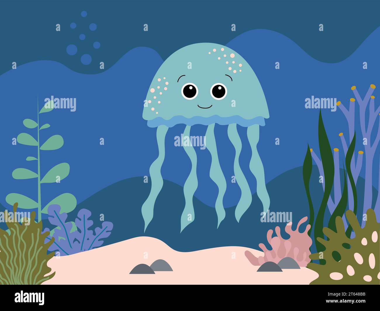 Colorful underwater world with jellyfish amongst the seaweed and rocks ...