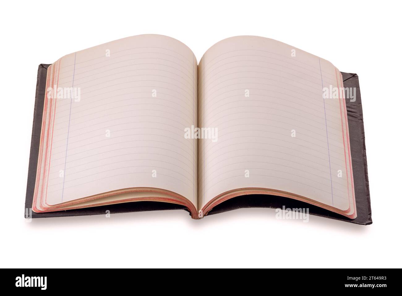 Antique open notebook with lines on old pages, isolated on white with clipping path included ...
