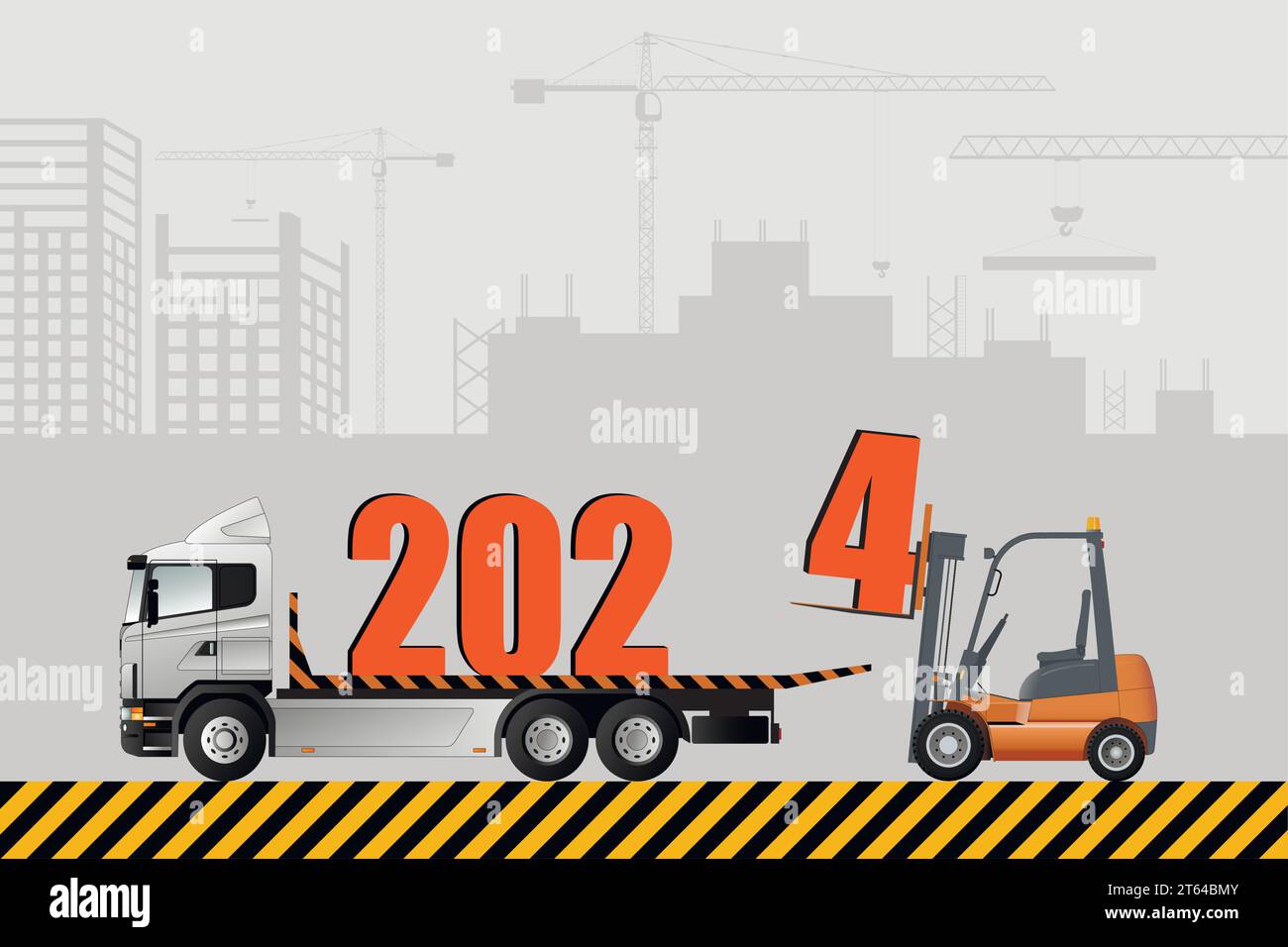 New Year 2024. Forklift truck loads Christmas figurines into the truck ...