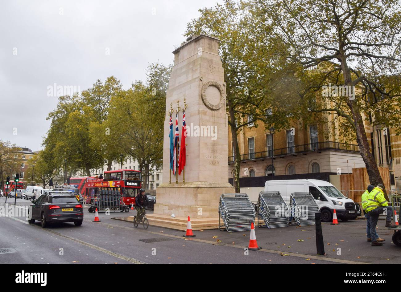 London, England, UK. 8th Nov, 2023. Workers prepare The Cenotaph ahead ...