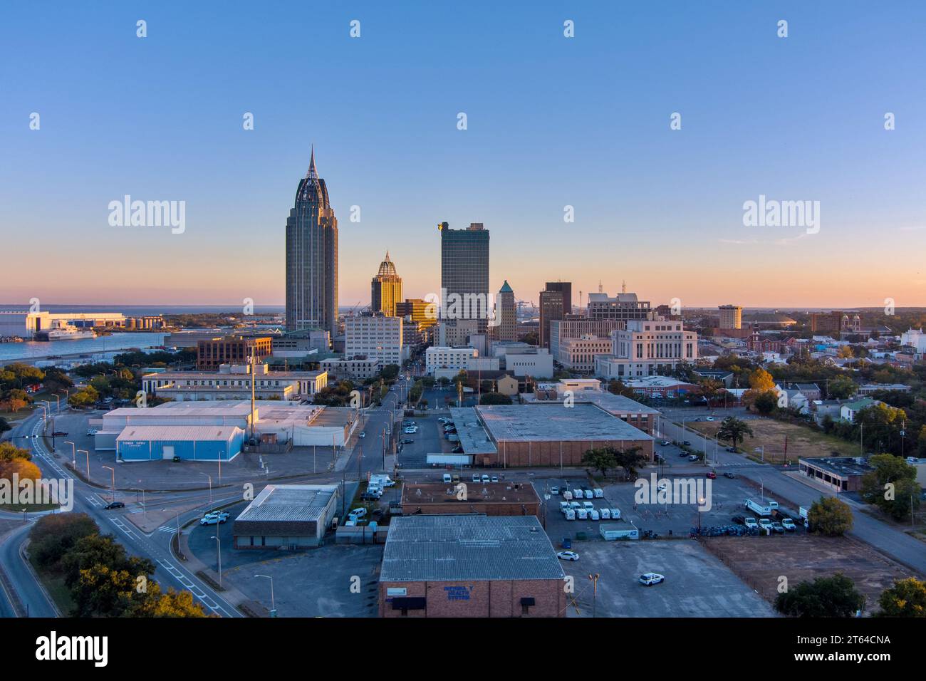 Drone shot of the downtown Mobile, Alabama waterfront skyline at sunset ...