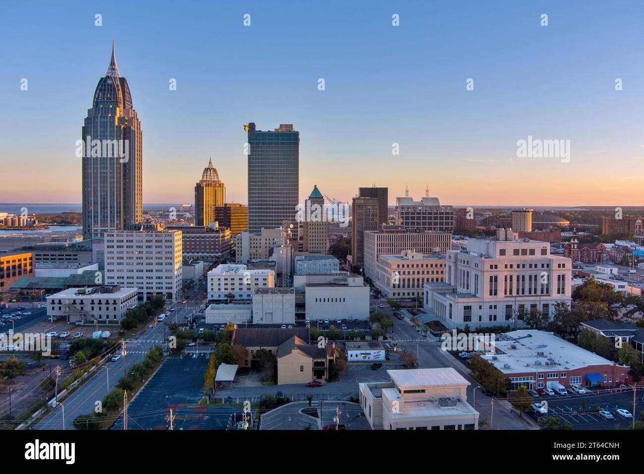 Drone shot of the downtown Mobile, Alabama waterfront skyline at sunset ...