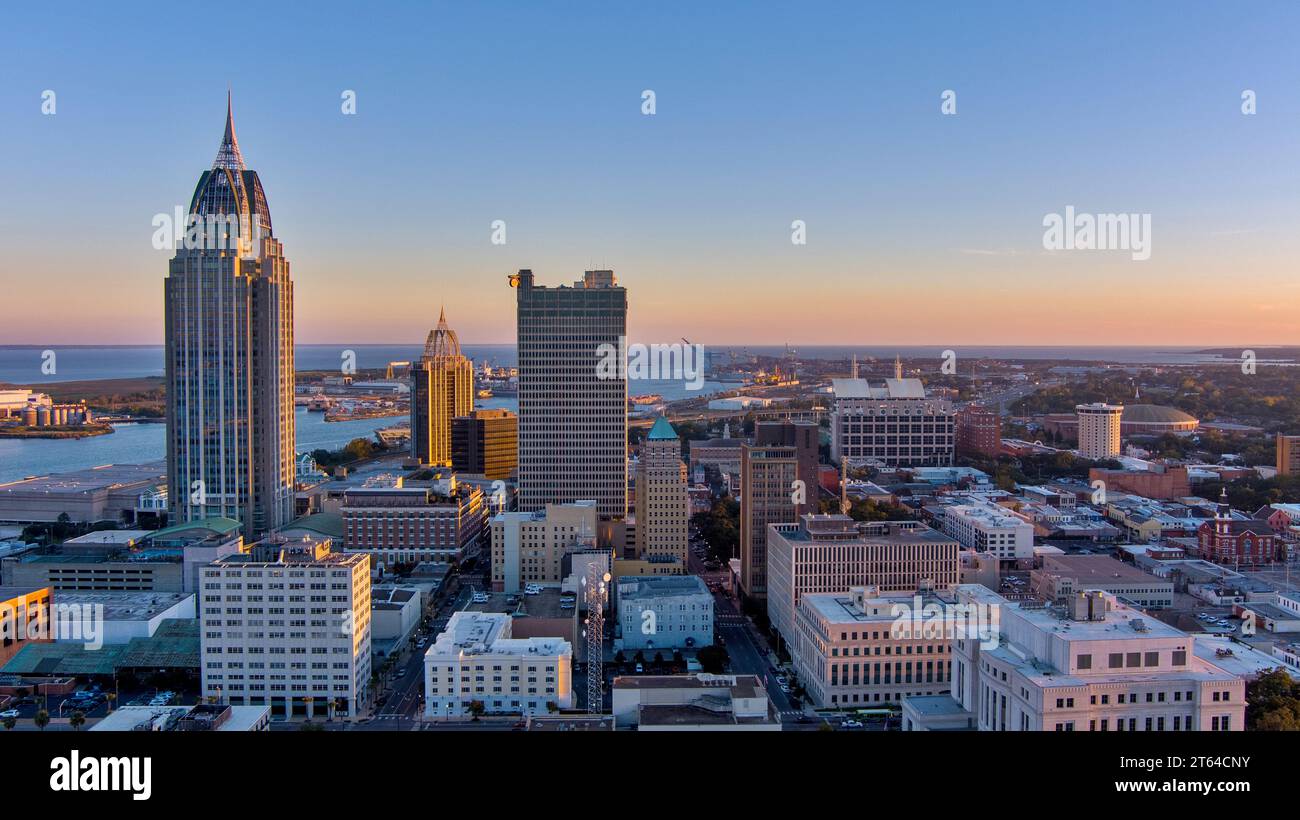 Drone shot of the downtown Mobile, Alabama waterfront skyline at sunset ...