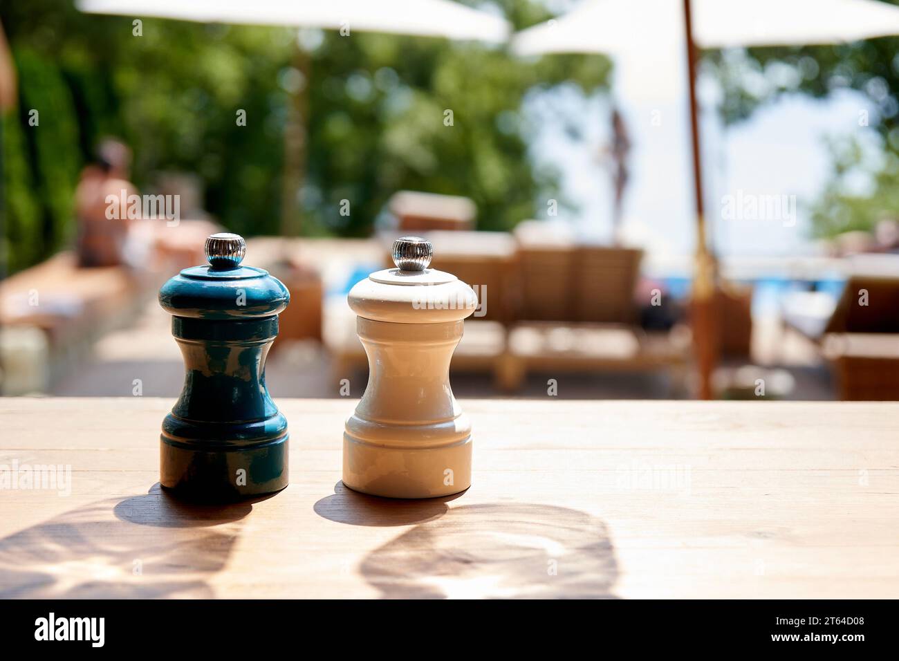 Salt and pepper shakers next to each other. They are isolated and stand ...