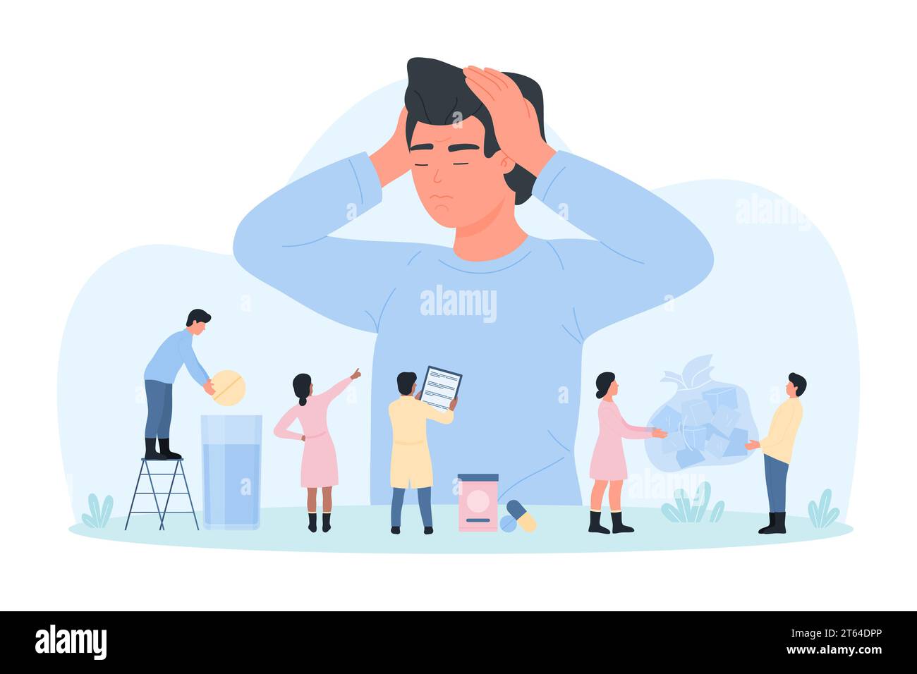 Migraine treatment vector illustration. Cartoon tiny doctors help man ...