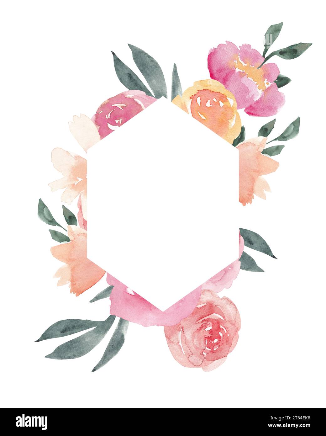 Pastel pink and orange floral border in loose watercolor style with ...