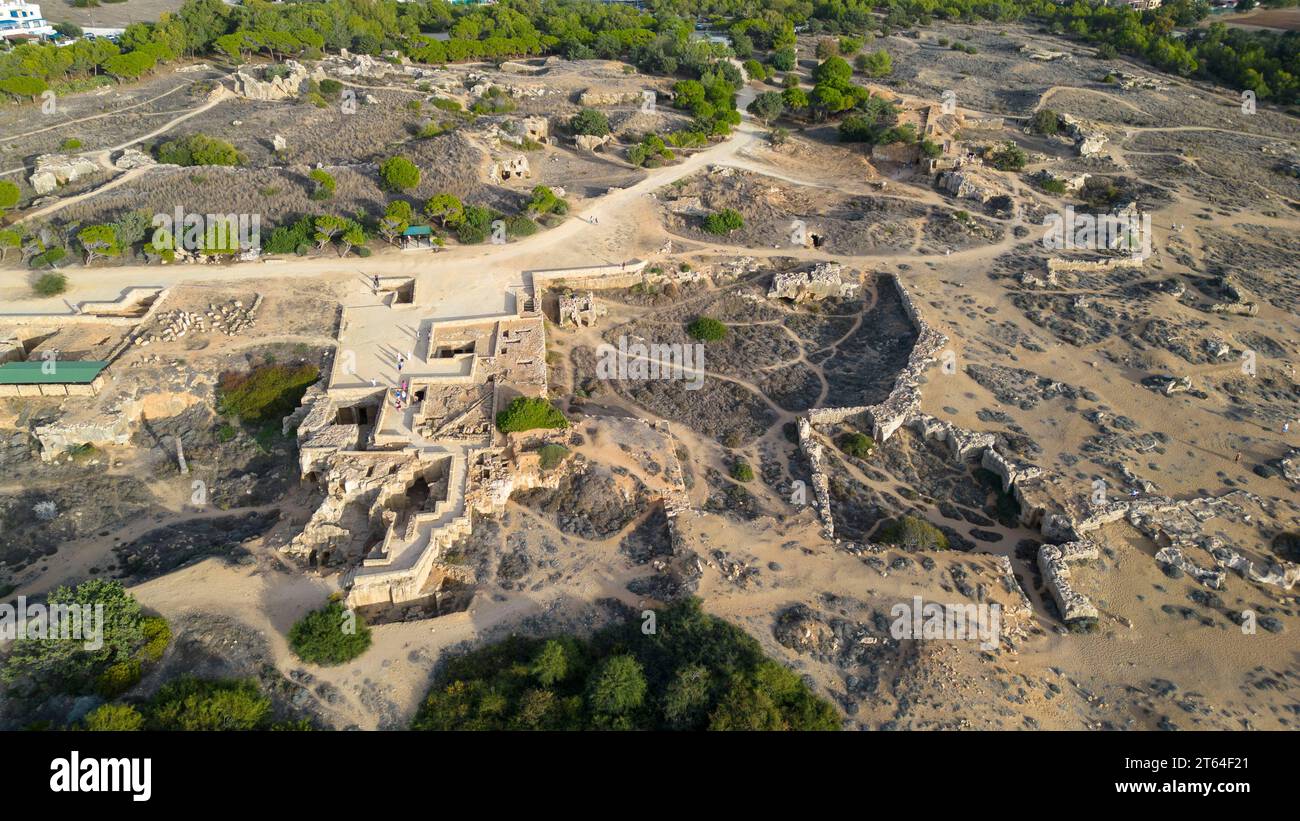 Aerial drone view of the Tomb of the Kings archaeological site, Paphos ...