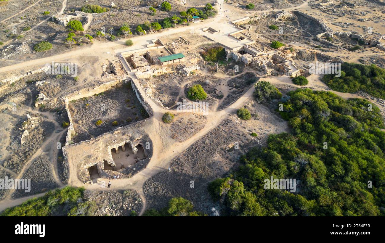 Aerial drone view of the Tomb of the Kings archaeological site, Paphos ...