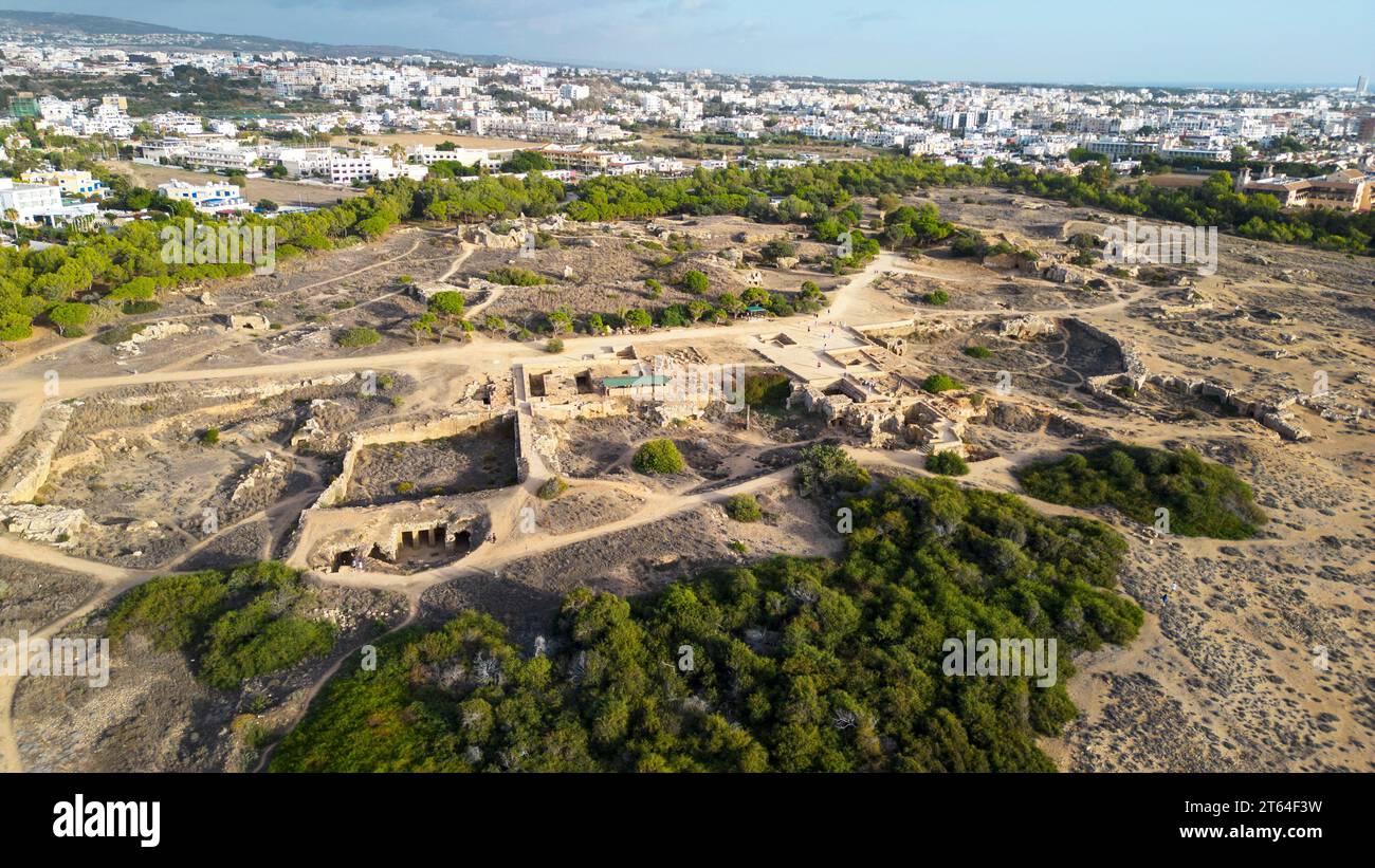Aerial drone view of the Tomb of the Kings archaeological site, Paphos ...