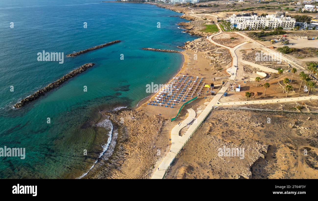 Aerial drone view of Paphos coastal path and the Venus Beach hotel and ...