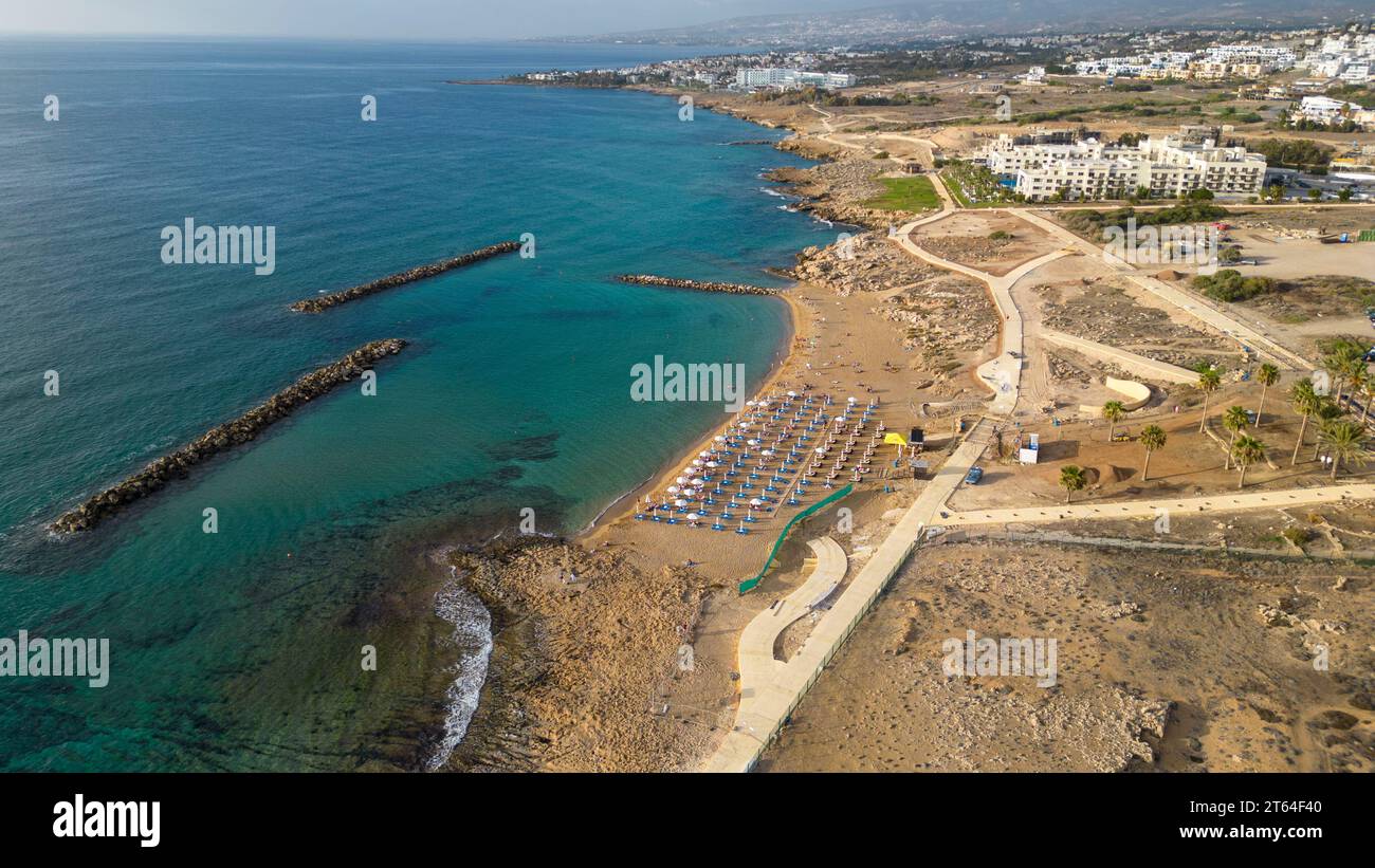 Aerial drone view of Paphos coastal path and the Venus Beach hotel and ...