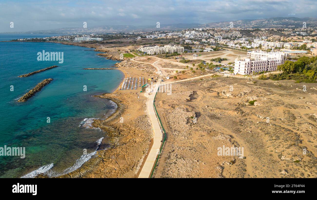 Aerial drone view of Paphos coastal path and the Venus Beach hotel and ...