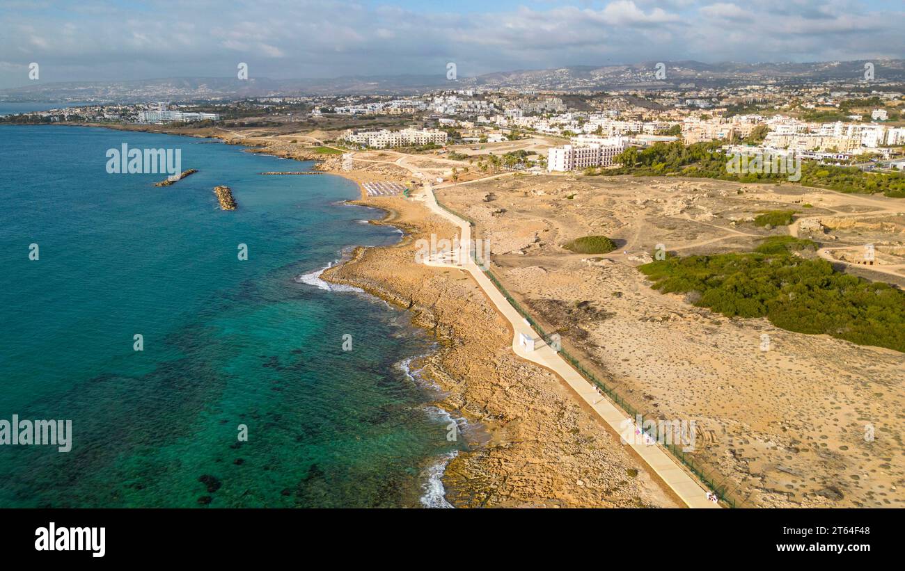 Aerial drone view of Paphos coastal path and the Venus Beach hotel and ...