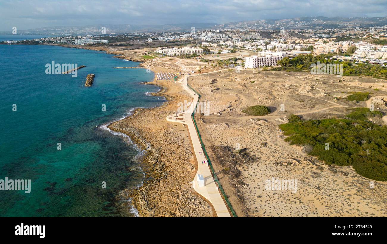 Aerial drone view of Paphos coastal path and the Venus Beach hotel and ...