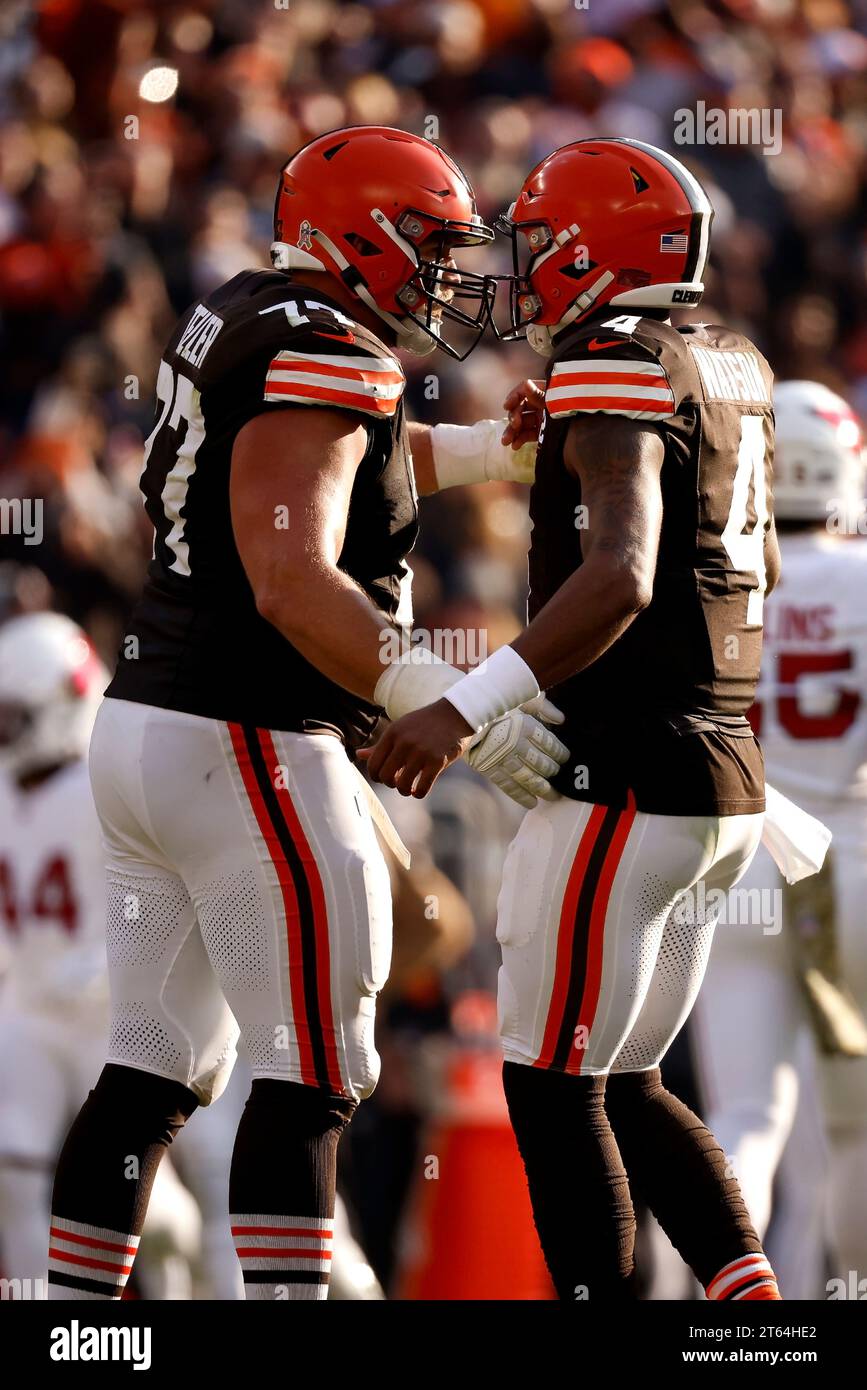 Cleveland Browns guard Wyatt Teller (77) congratulates quarterback ...