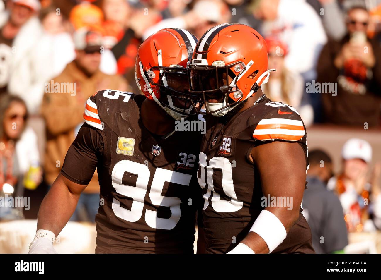 Cleveland Browns defensive end Myles Garrett (95) is congratulated by ...
