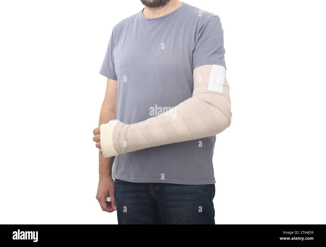 fracture in the arm bandaged and wrapped in a brace Stock Photo - Alamy