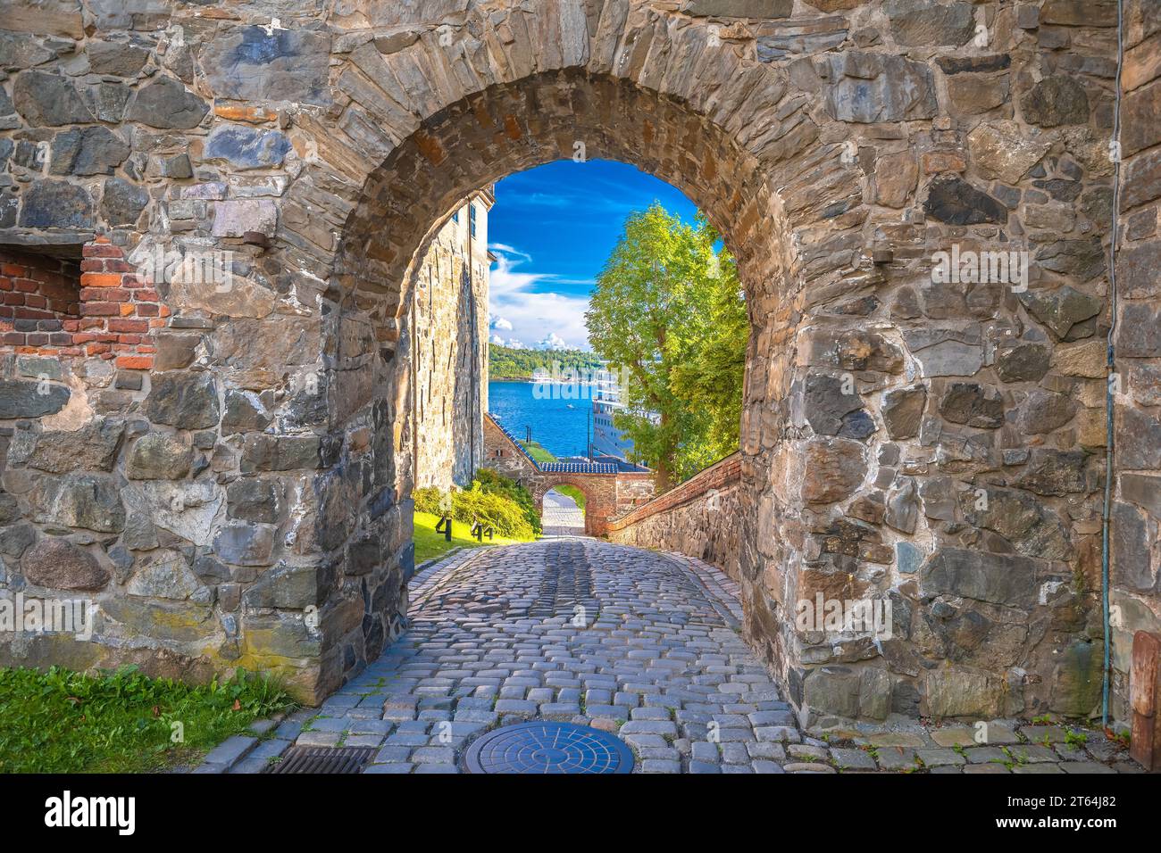 Scenic stone gate in Oslo Akershus Fortress historic architecture view ...