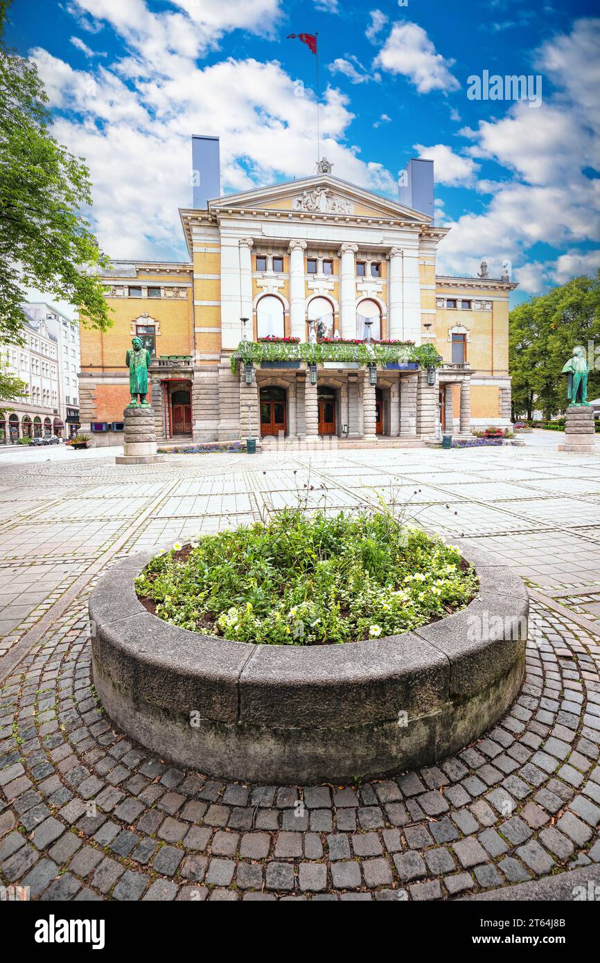 Oslo national theater front facade cobbled square view, capital of ...