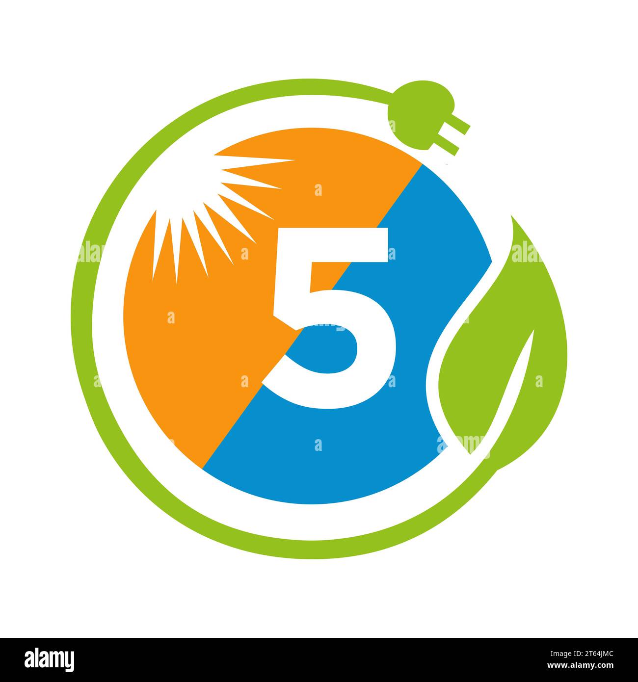 Letter 5 Solar Energy Logo Design Concept with Sun, Leaf and Electric ...