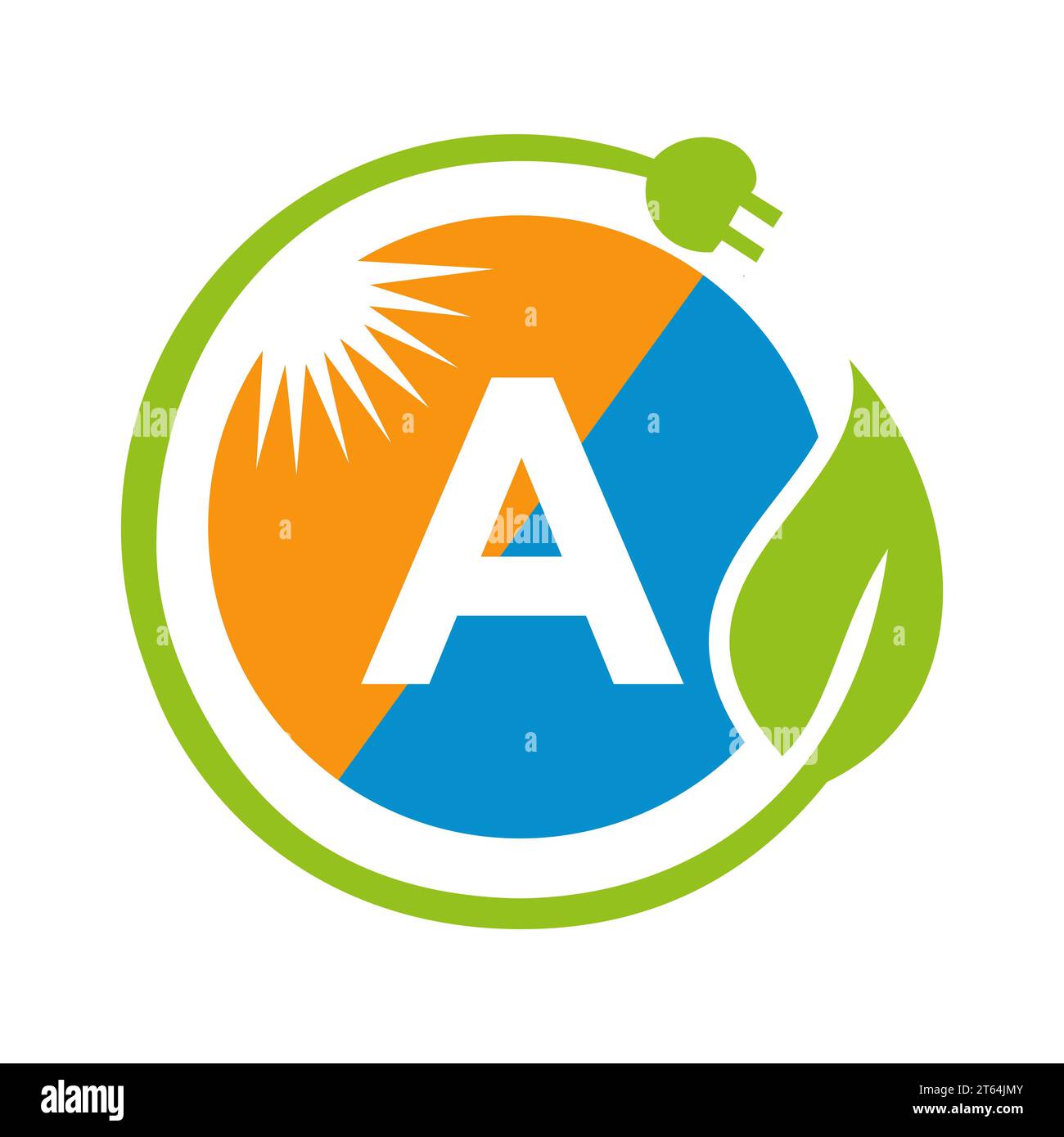 Letter A Solar Energy Logo Design Concept with Sun, Leaf and Electric ...