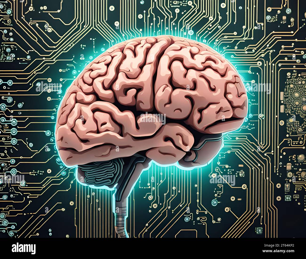 Human brain over the printed circuit as a main processor, symbol of the ...