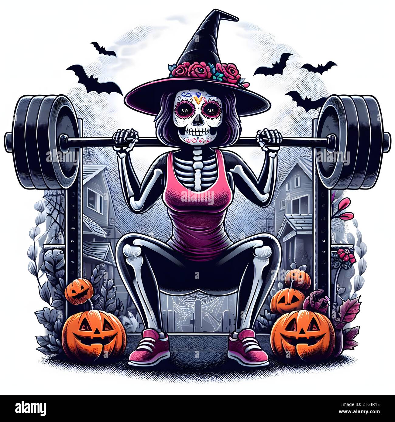 A young female wearing a skeleton costume stands in front of a festive ...