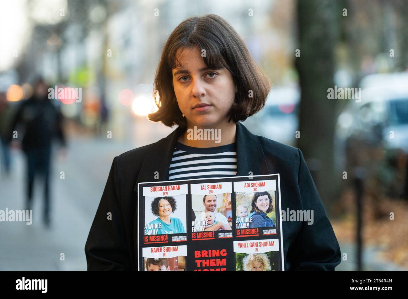 Berlin, Germany. 08th Nov, 2023. Shira Havron holds a poster with ...