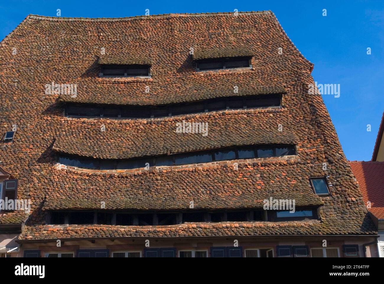 Slate old roof truss, historical, roof tiles, house, crooked, France ...