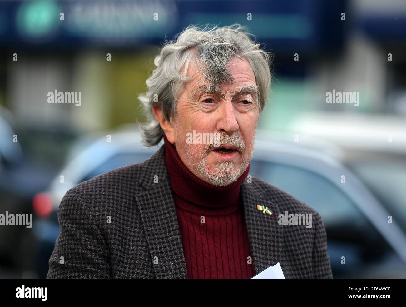 Mickey Brady Sinn Fein local MP speaking to the media in Newry after ...