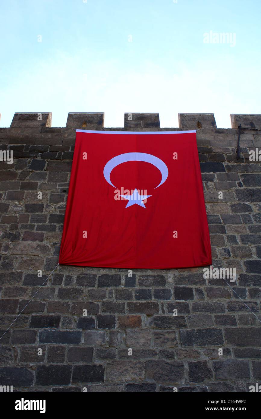 Turkish flag hanging in an old Castle Stock Photo - Alamy