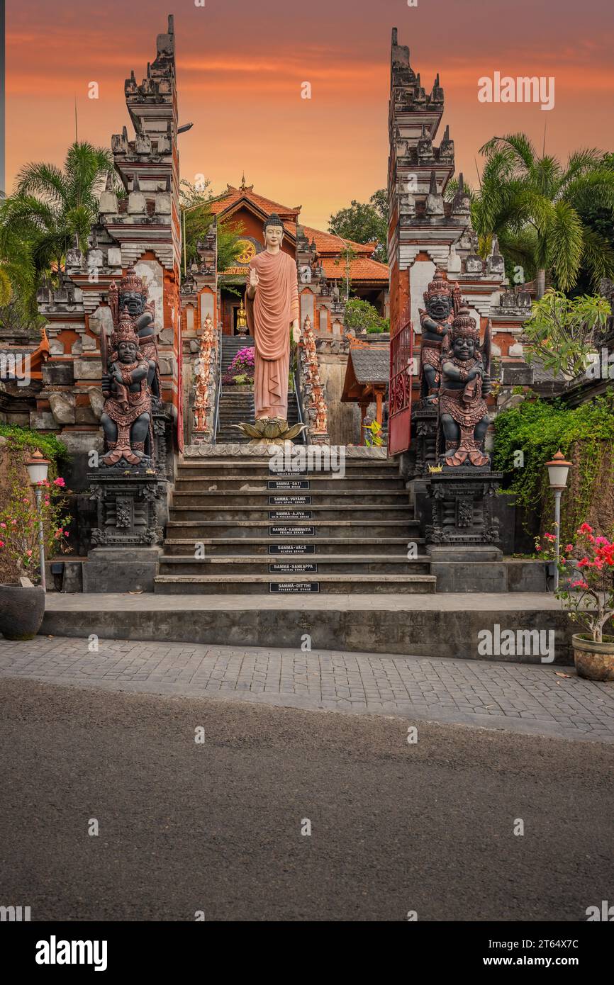 A Buddhist temple in the evening in the rain. The Brahmavihara Arama ...