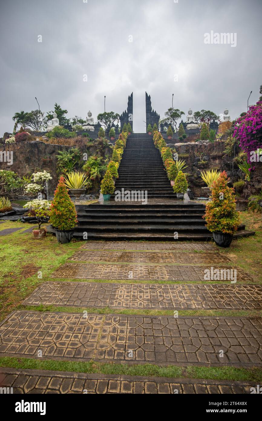 A Buddhist temple in the evening in the rain. The Brahmavihara Arama ...