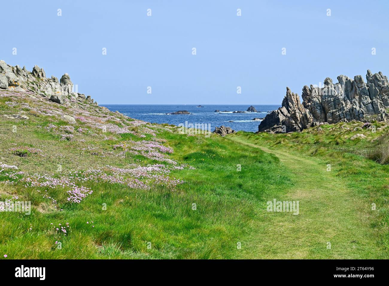 Grassy rocky coast in the Atlantic Ocean, Ouessant Island, Finistere ...