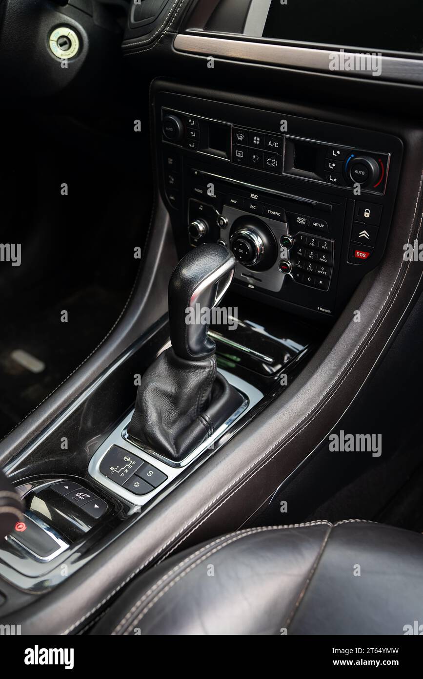 Close-up of an automatic transmission lever. Car interior, automatic ...