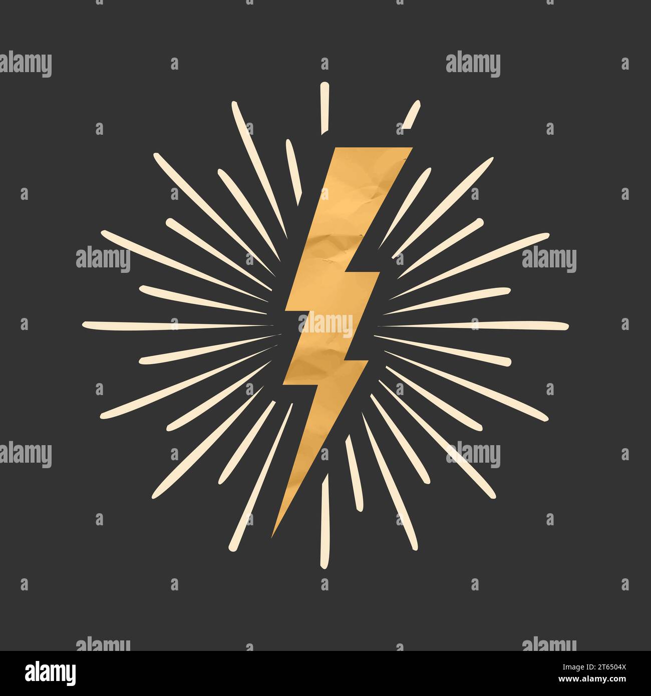 Vintage lightning bolt and sunrays. Lightnings with crumpled paper ...